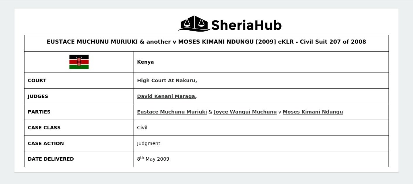 Eustace Muchunu Muriuki & Another V Moses Kimani Ndungu [2009] Eklr