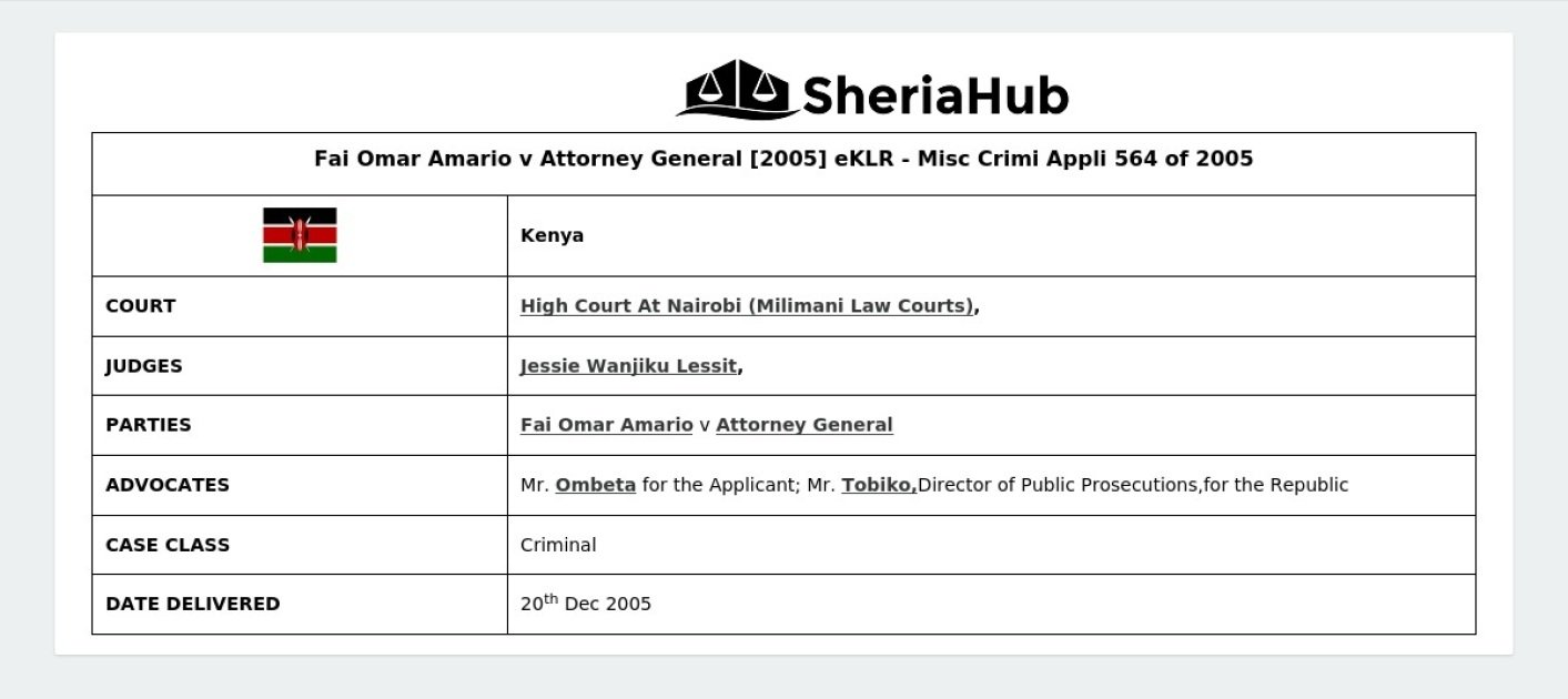 Fai Omar Amario V Attorney General [2005] Eklr