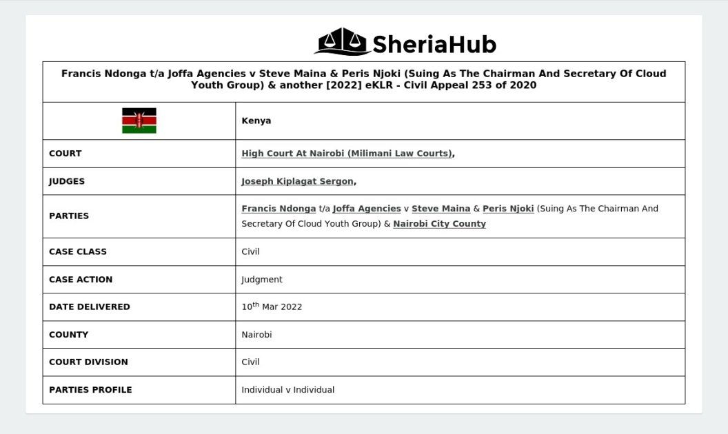 Francis Ndonga T/A Joffa Agencies V Steve Maina & Peris Njoki (Suing As ...