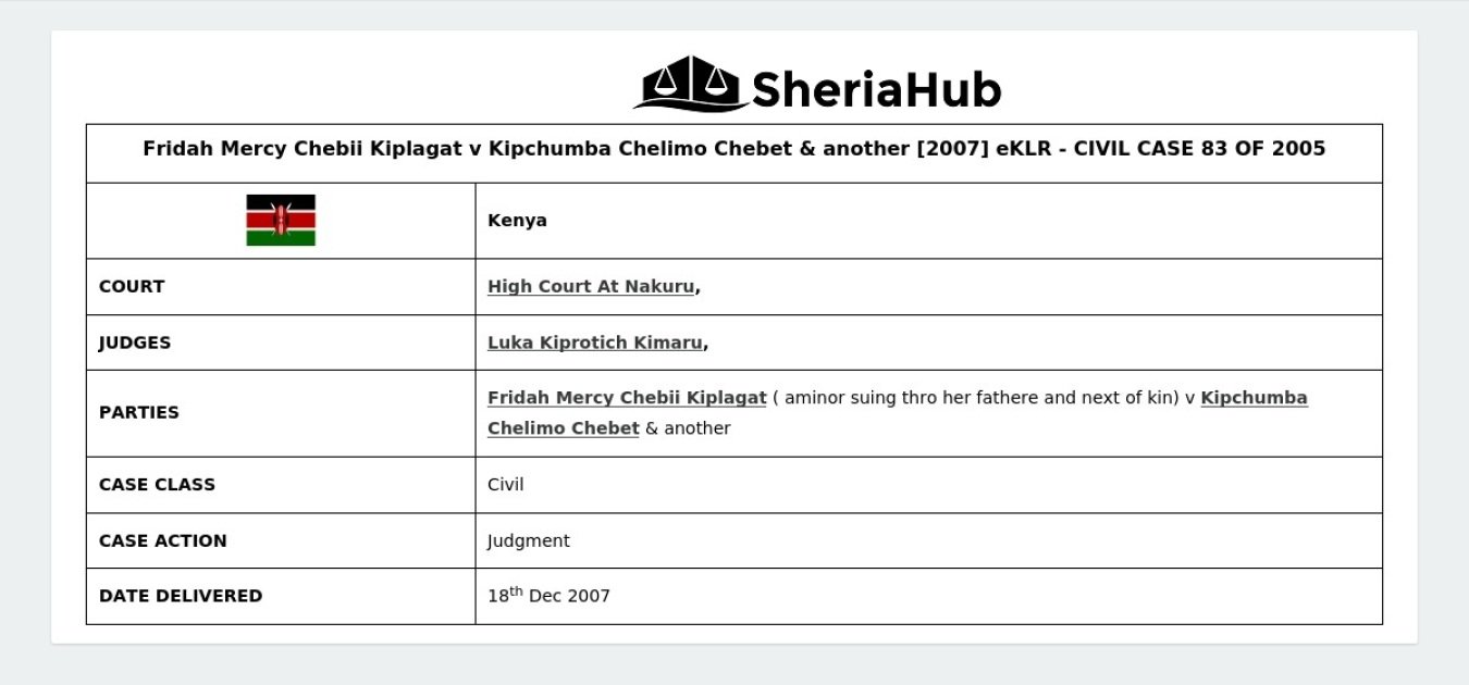 Fridah Mercy Chebii Kiplagat V Kipchumba Chelimo Chebet & Another [2007] Eklr