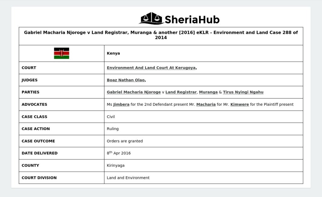 Gabriel Macharia Njoroge V Land Registrar, Muranga & Another [2016] Eklr
