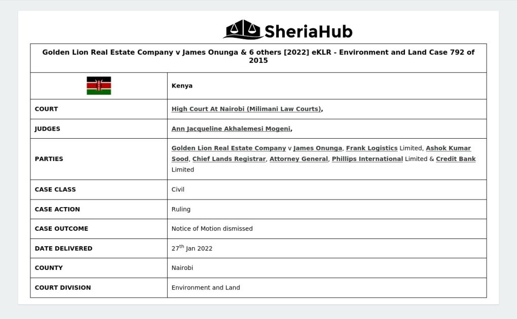 Golden Lion Real Estate Company V James Onunga & 6 Others [2022] Eklr