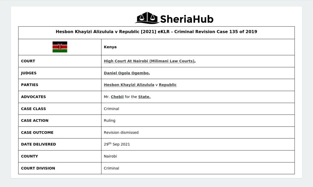 Hesbon Khayizi Alizulula V Republic [2021] Eklr