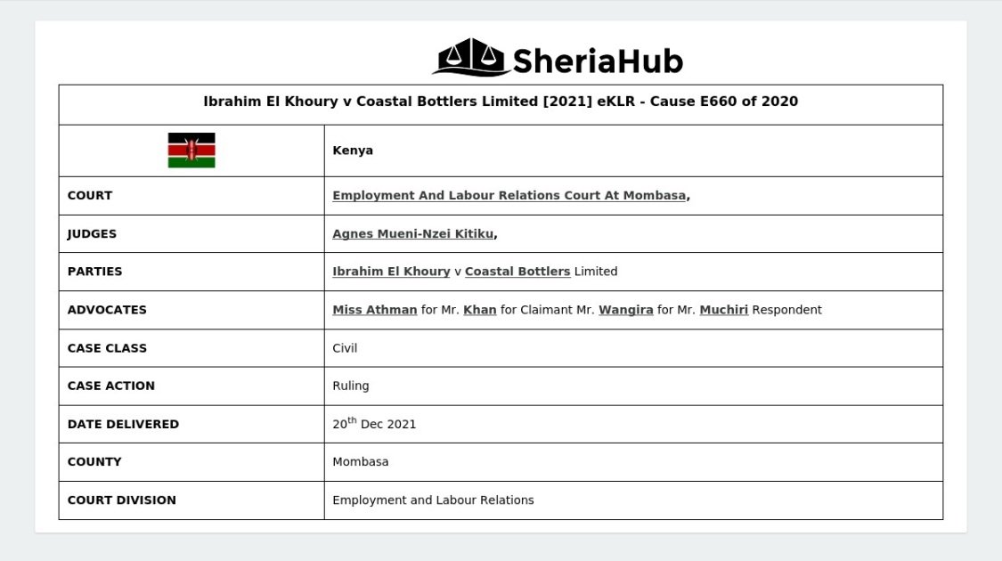 Ibrahim El Khoury V Coastal Bottlers Limited [2021] Eklr