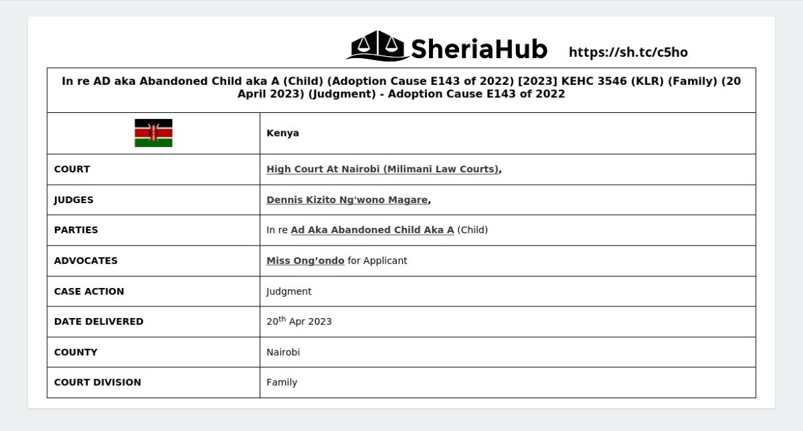 In Re Ad Aka Abandoned Child Aka A (Child) (Adoption Cause E143 Of 2022 ...