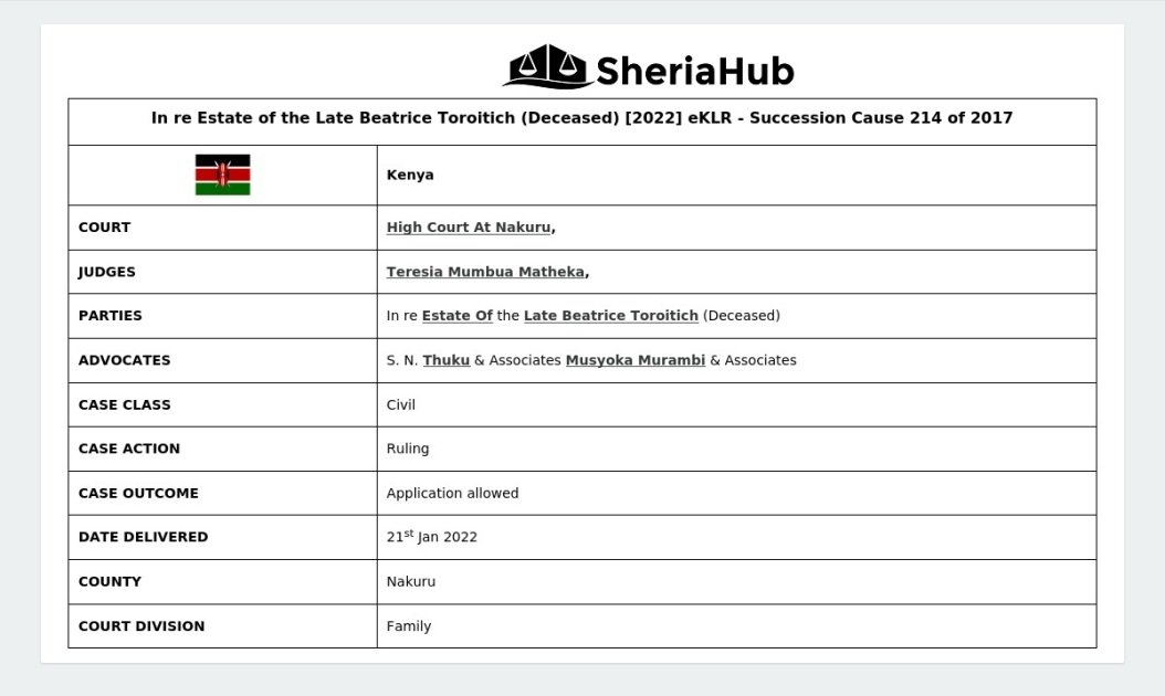 In Re Estate Of The Late Beatrice Toroitich (Deceased) [2022] Eklr
