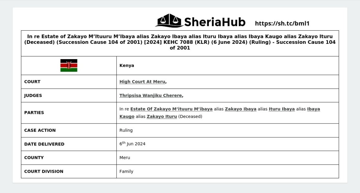 In Re Estate Of Zakayo M’ituuru M’ibaya Alias Zakayo Ibaya Alias Ituru ...