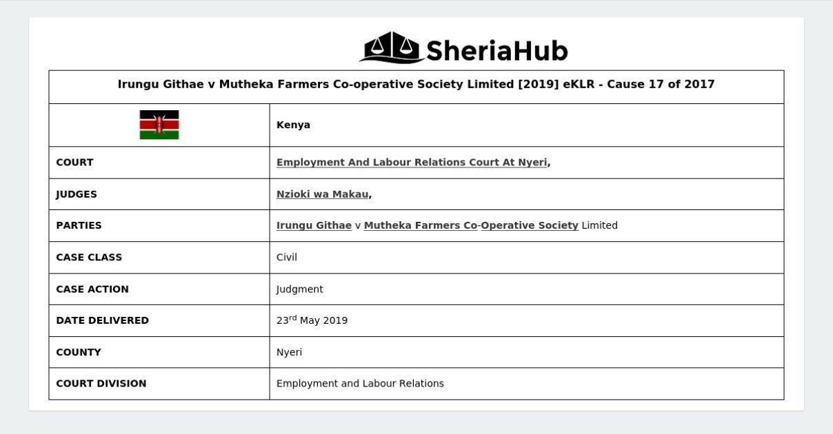 Irungu Githae V Mutheka Farmers Co-Operative Society Limited [2019] Eklr