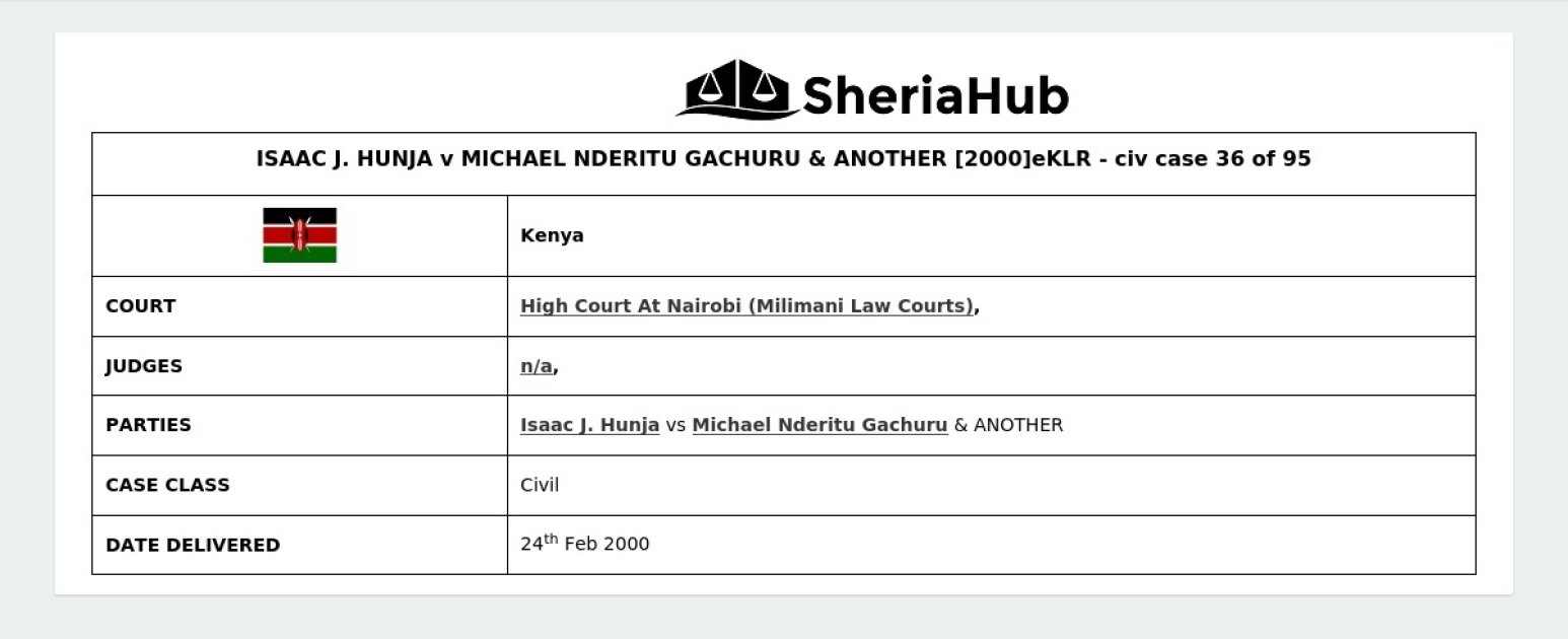 Isaac J. Hunja V Michael Nderitu Gachuru & Another [2000]Eklr