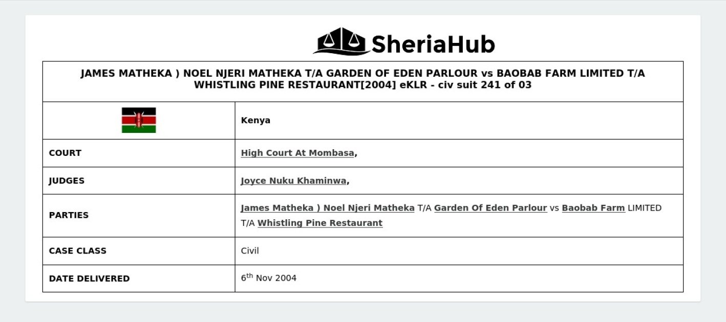 James Matheka ) Noel Njeri Matheka T/A Garden Of Eden Parlour Vs Baobab ...
