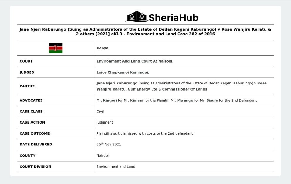 Jane Njeri Kaburungo (Suing As Administrators Of The Estate Of Dedan ...