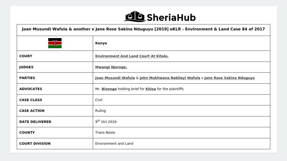 Joan Musundi Wafula & Another V Jane Rose Sakina Nduguyu [2019] Eklr