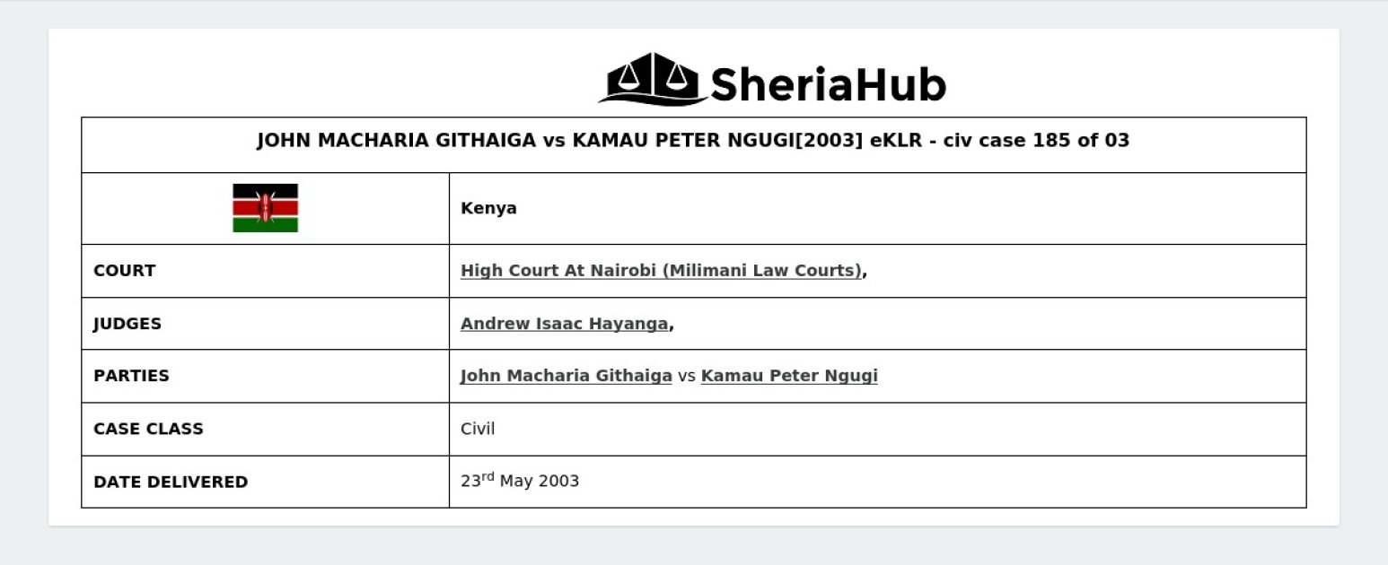 John Macharia Githaiga Vs Kamau Peter Ngugi[2003] Eklr