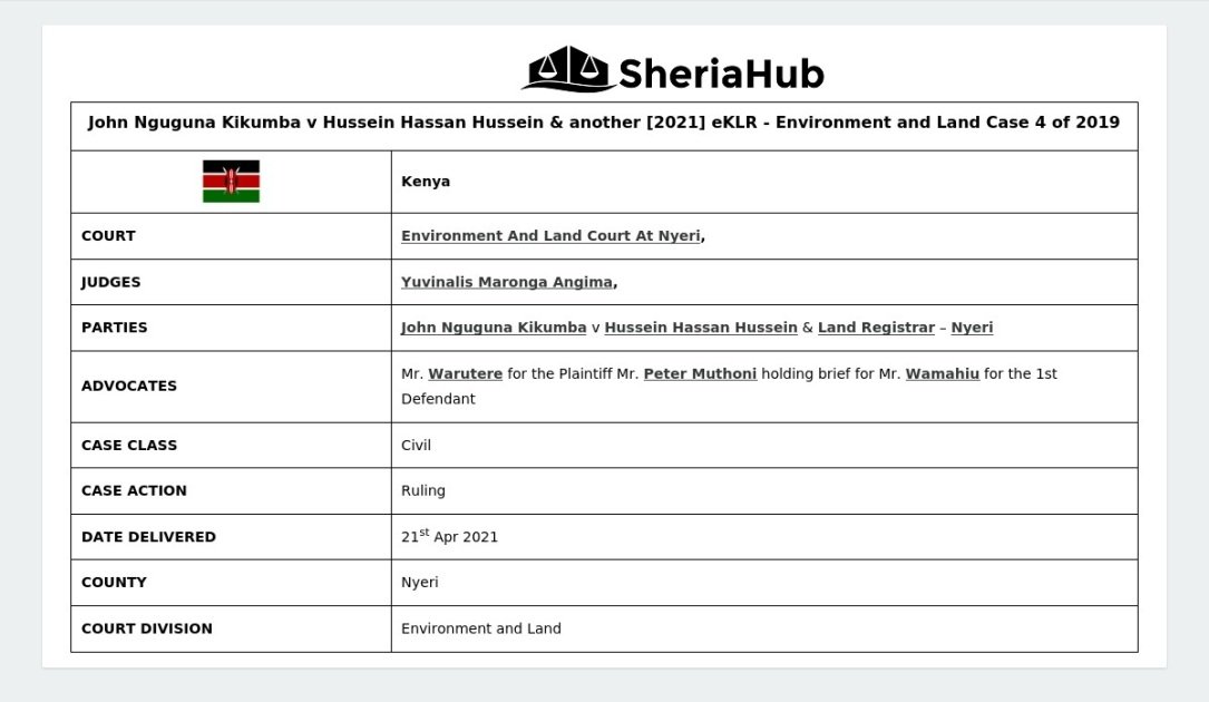 John Nguguna Kikumba V Hussein Hassan Hussein & Another [2021] Eklr