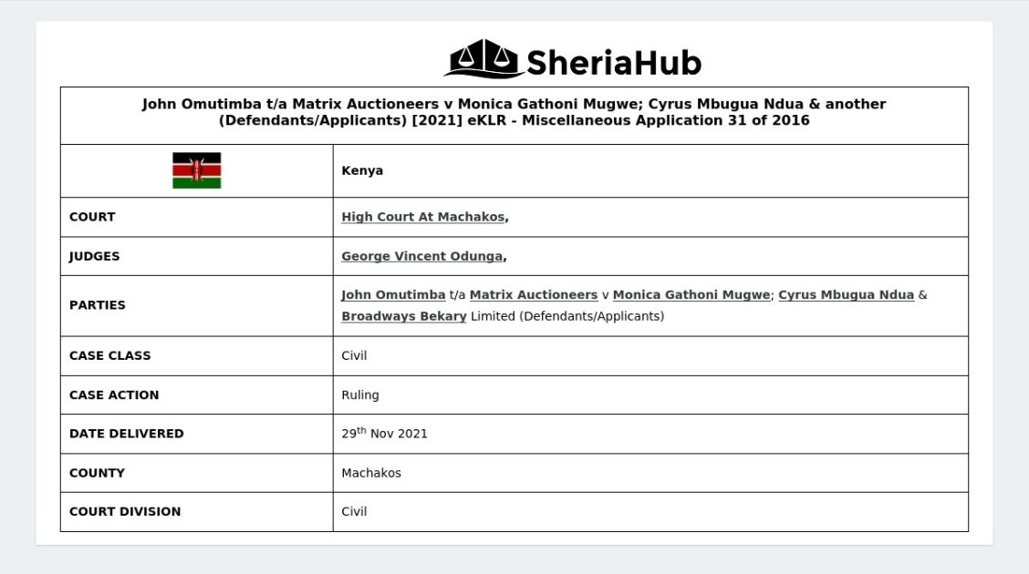 John Omutimba T/A Matrix Auctioneers V Monica Gathoni Mugwe; Cyrus ...