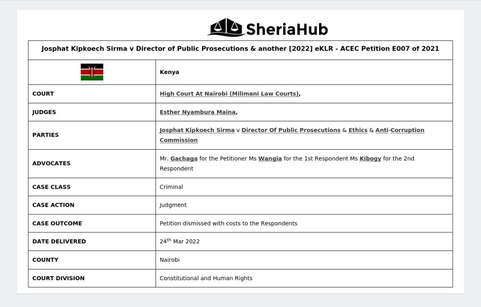 Josphat Kipkoech Sirma V Director Of Public Prosecutions & Another [2022] Eklr