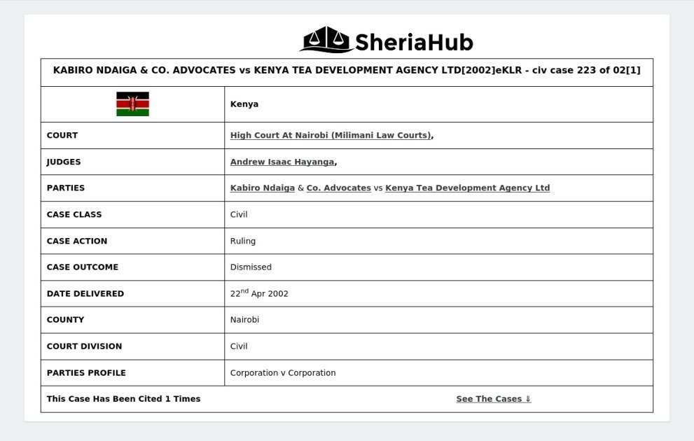 Kabiro Ndaiga & Co. Advocates Vs Kenya Tea Development Agency Ltd[2002]Eklr