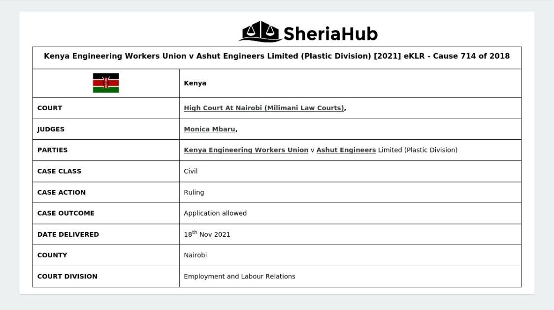 Kenya Engineering Workers Union V Ashut Engineers Limited (Plastic ...