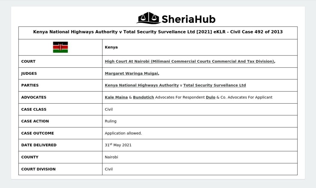 Kenya National Highways Authority V Total Security Survellance Ltd ...