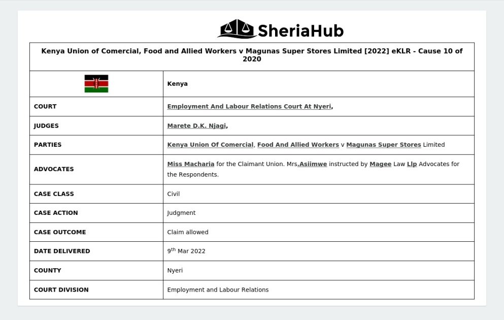 Kenya Union Of Comercial, Food And Allied Workers V Magunas Super ...