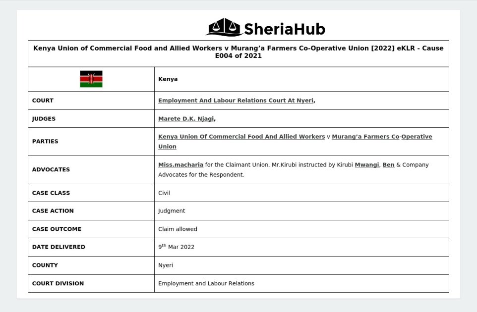 Kenya Union Of Commercial Food And Allied Workers V Murang’a Farmers Co ...