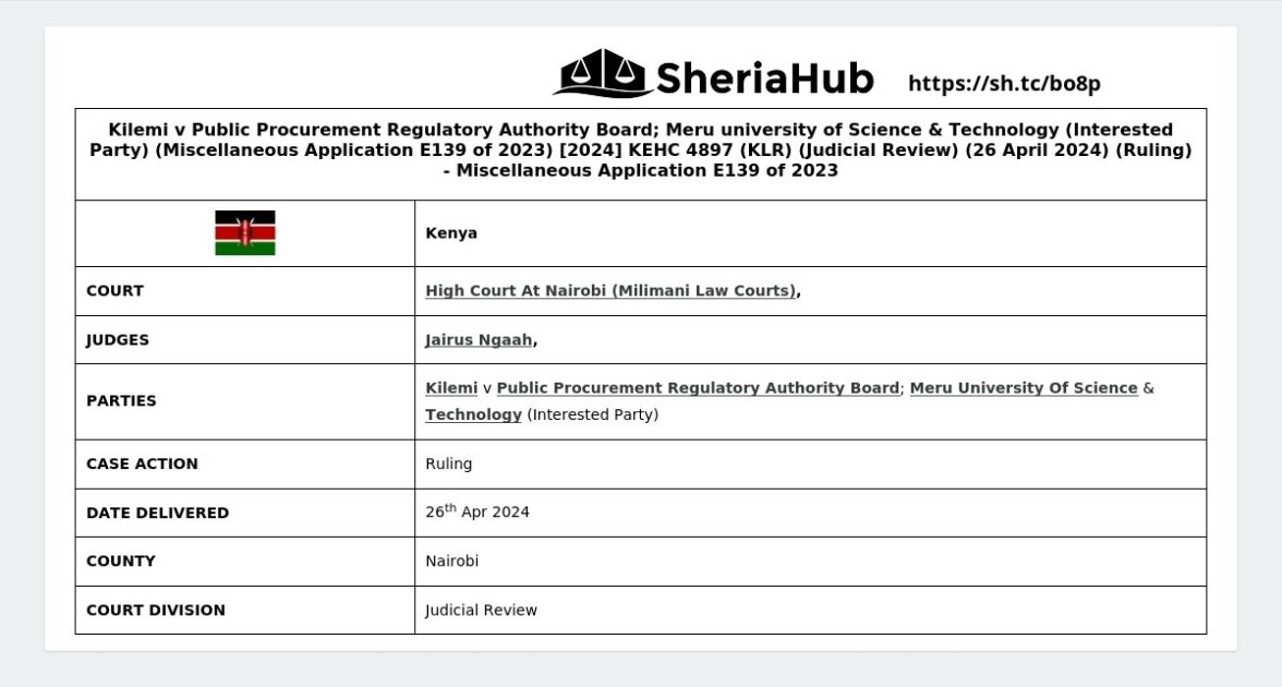 Kilemi V Public Procurement Regulatory Authority Board; Meru University ...