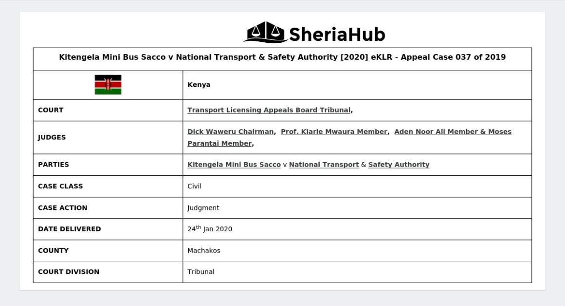 Kitengela Mini Bus Sacco V National Transport & Safety Authority [2020 ...