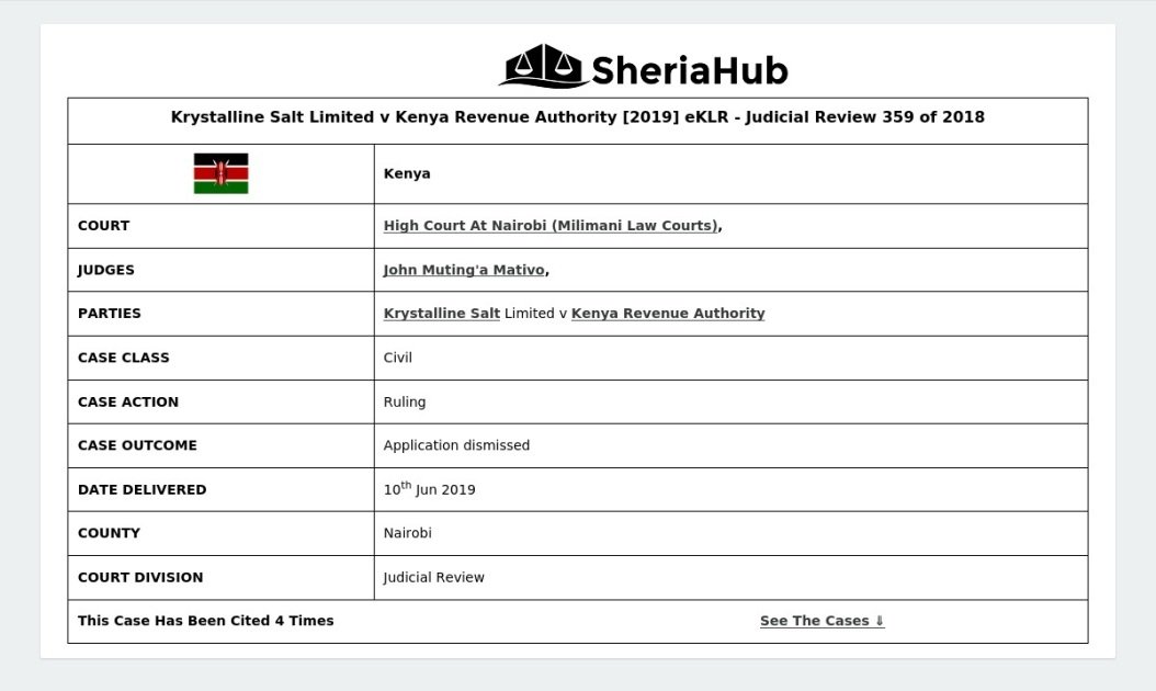 Krystalline Salt Limited V Kenya Revenue Authority [2019] Eklr