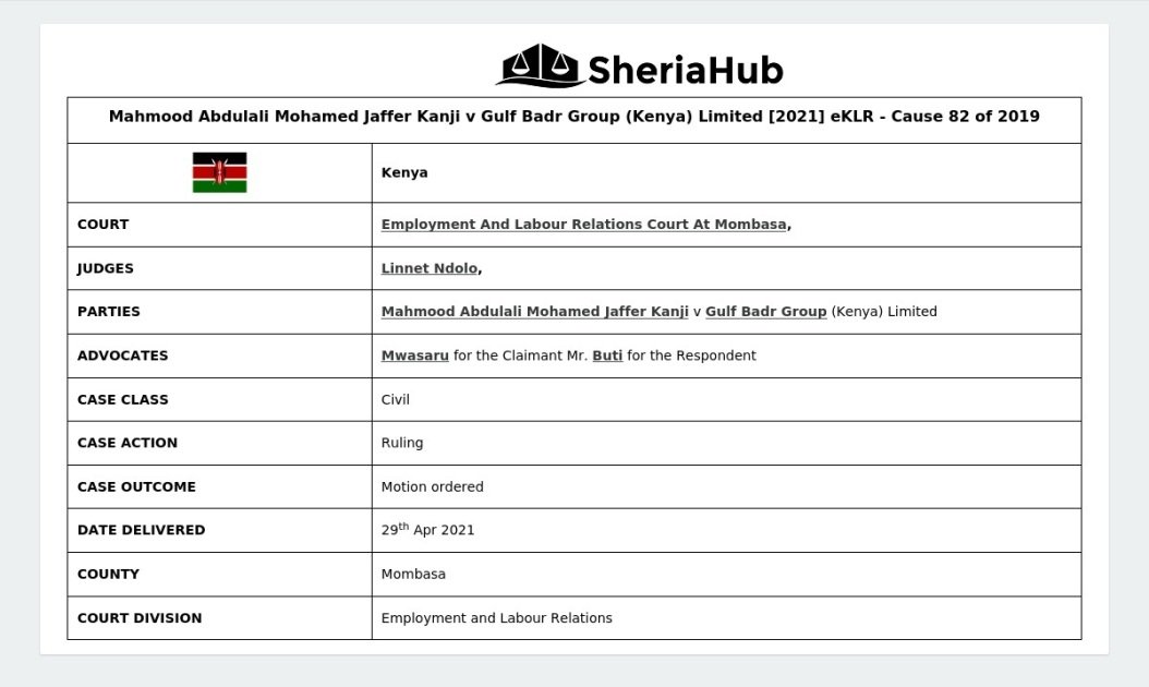 Mahmood Abdulali Mohamed Jaffer Kanji V Gulf Badr Group (Kenya) Limited ...
