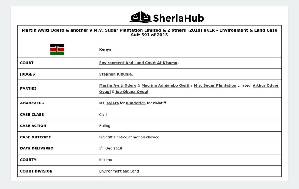 Martin Awiti Odero & Another V M.v. Sugar Plantation Limited & 2 Others ...