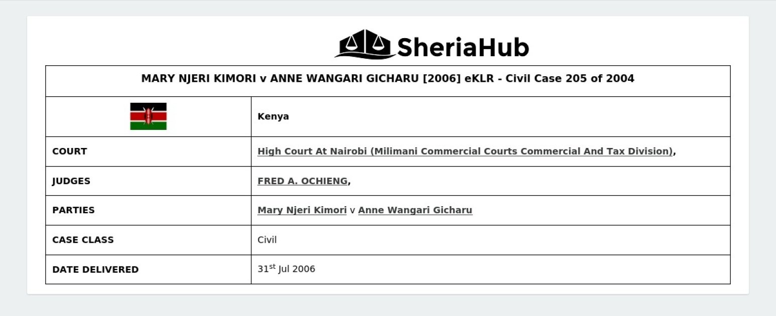 Mary Njeri Kimori V Anne Wangari Gicharu [2006] Eklr