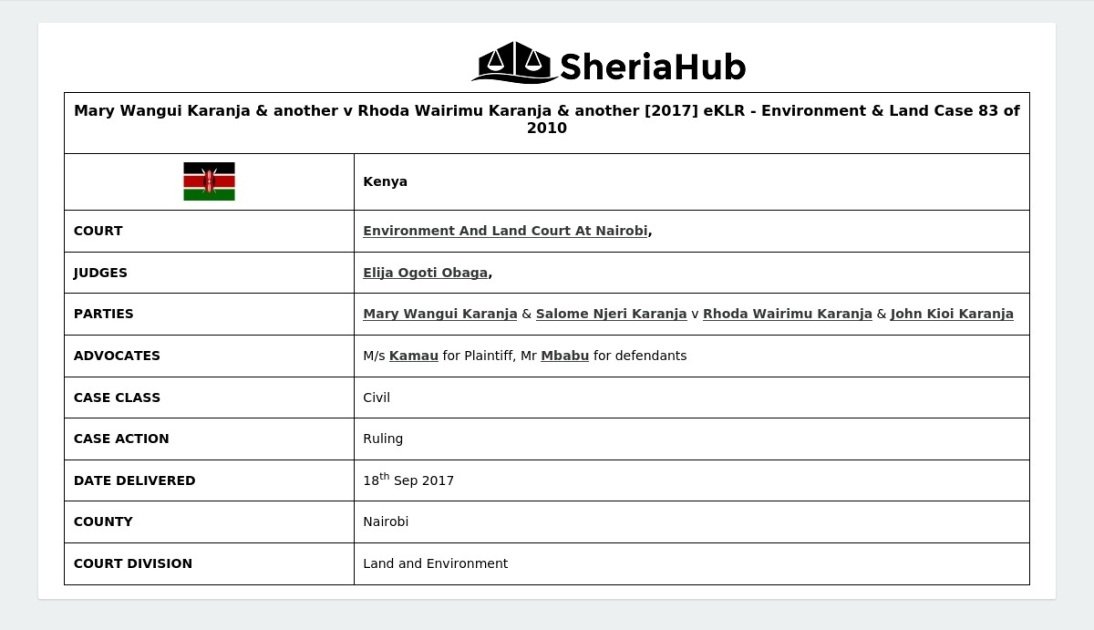 Mary Wangui Karanja & Another V Rhoda Wairimu Karanja & Another [2017] Eklr