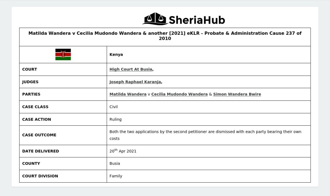 Matilda Wandera V Cecilia Mudondo Wandera & Another [2021] Eklr