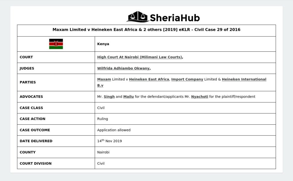 Maxam Limited V Heineken East Africa & 2 Others [2019] Eklr