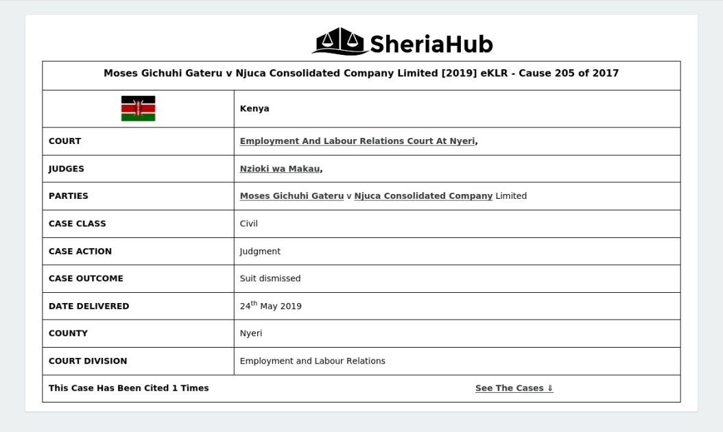 Moses Gichuhi Gateru V Njuca Consolidated Company Limited [2019] Eklr
