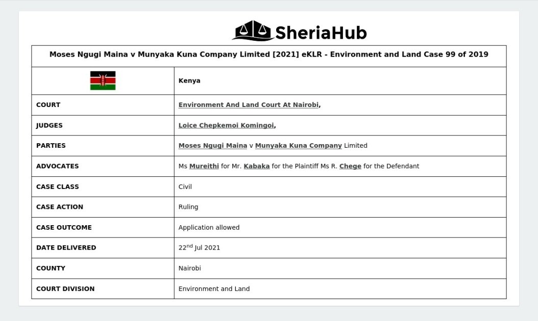 Moses Ngugi Maina V Munyaka Kuna Company Limited [2021] Eklr