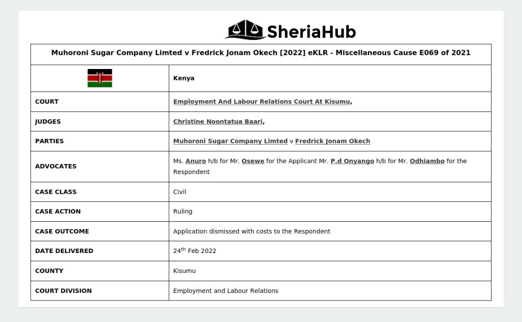 Muhoroni Sugar Company Limted V Fredrick Jonam Okech [2022] Eklr