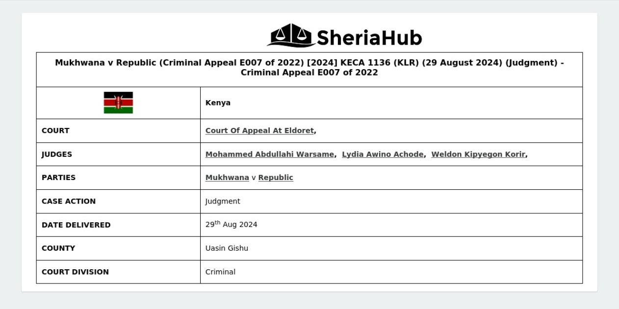 Mukhwana V Republic (Criminal Appeal E007 Of 2022) [2024] Keca 1136 (Klr) (29 August 2024 ...