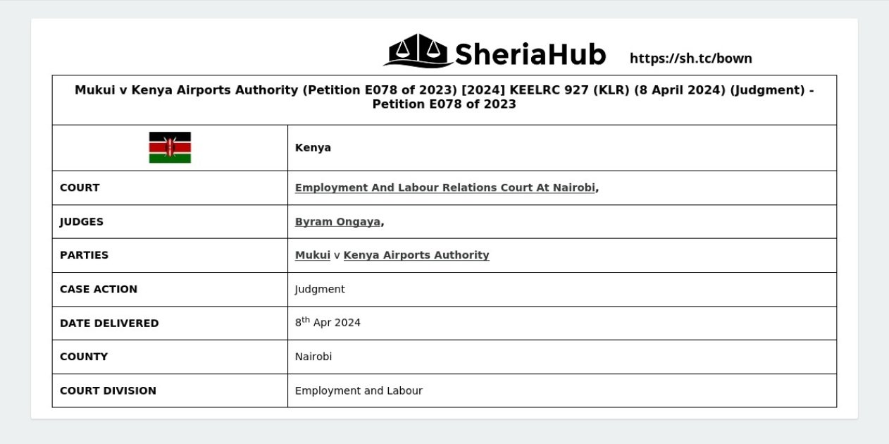Mukui V Kenya Airports Authority (Petition E078 Of 2023) [2024] Keelrc ...