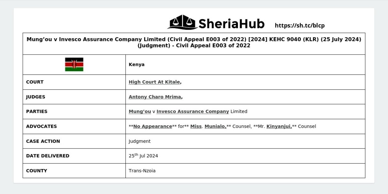 Mung’ou V Invesco Assurance Company Limited (Civil Appeal E003 Of 2022) [2024] Kehc 9040 (Klr ...