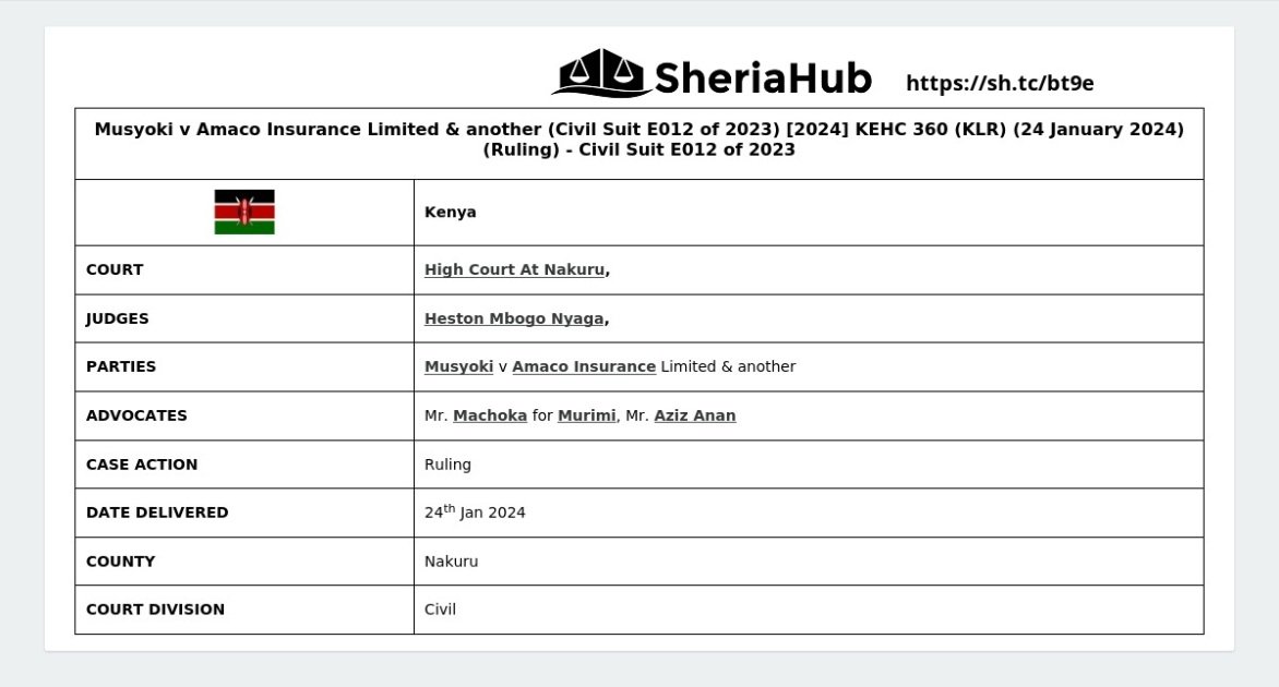 Musyoki V Amaco Insurance Limited & Another (Civil Suit E012 Of 2023 ...