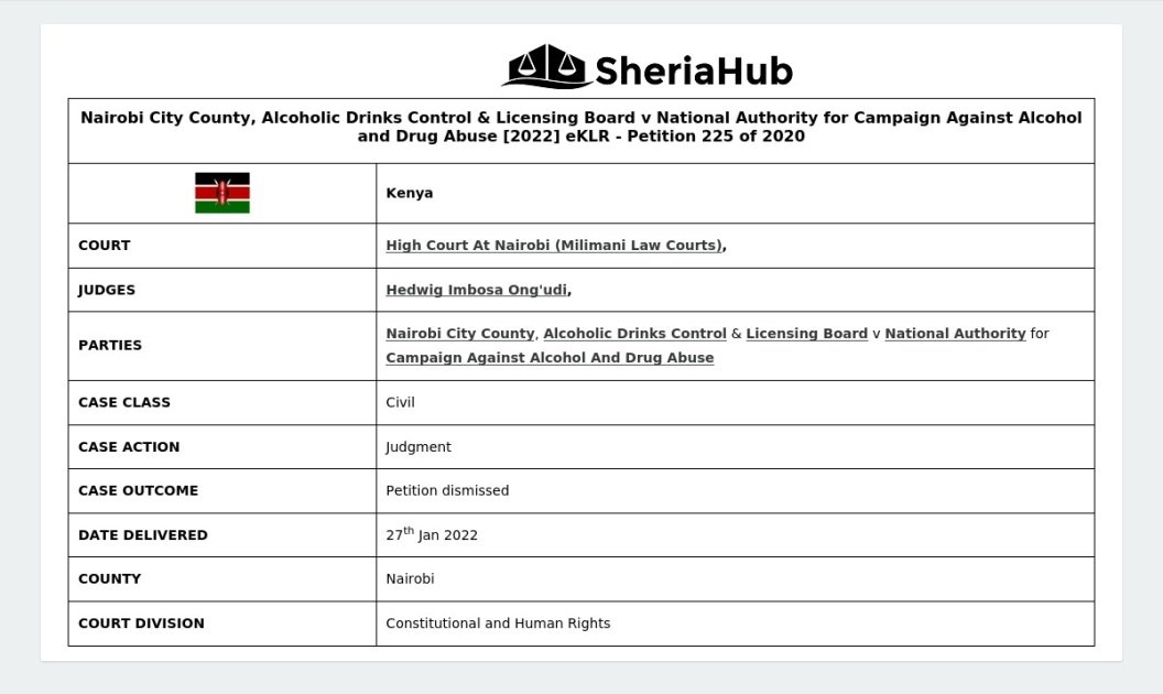 Nairobi City County, Alcoholic Drinks Control & Licensing Board V ...