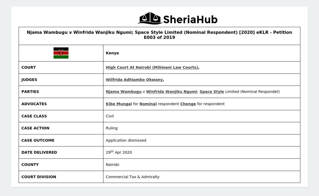 Njama Wambugu V Winfrida Wanjiku Ngumi; Space Style Limited (Nominal ...
