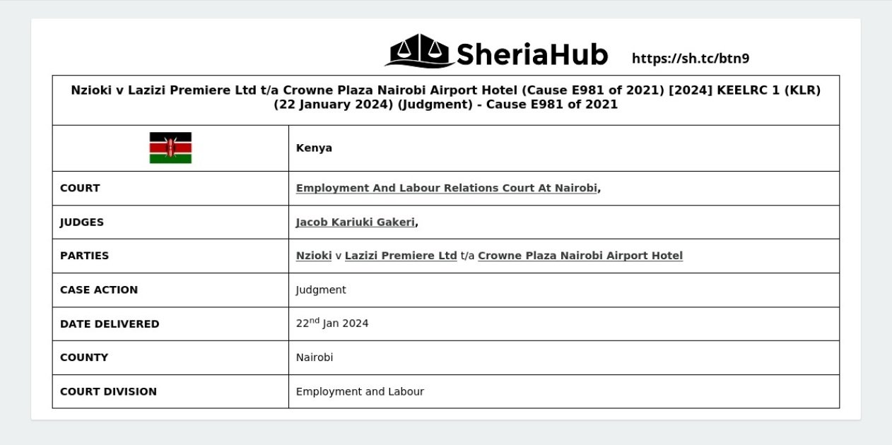 Nzioki V Lazizi Premiere Ltd T/A Crowne Plaza Nairobi Airport Hotel ...
