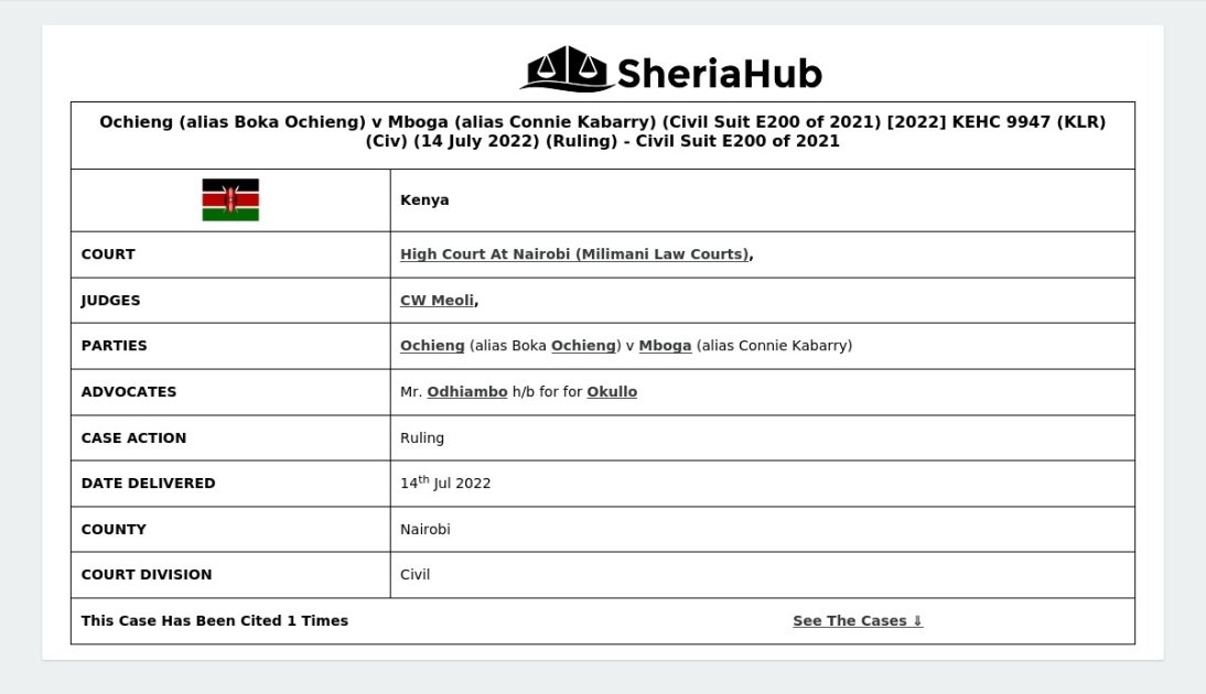 Ochieng (Alias Boka Ochieng) V Mboga (Alias Connie Kabarry) (Civil Suit ...