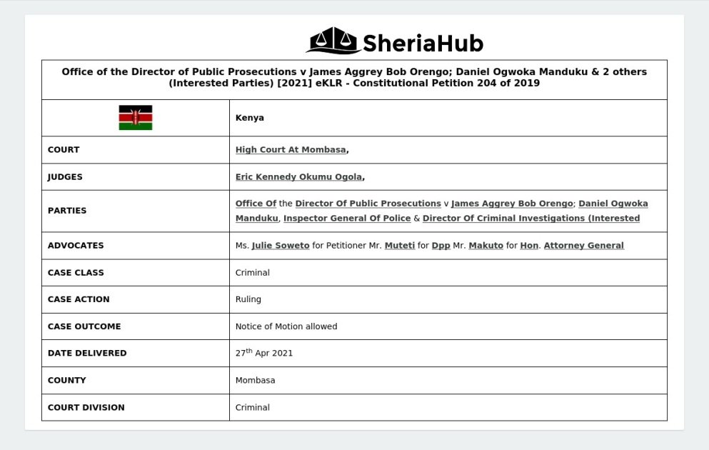 Office Of The Director Of Public Prosecutions V James Aggrey Bob Orengo ...