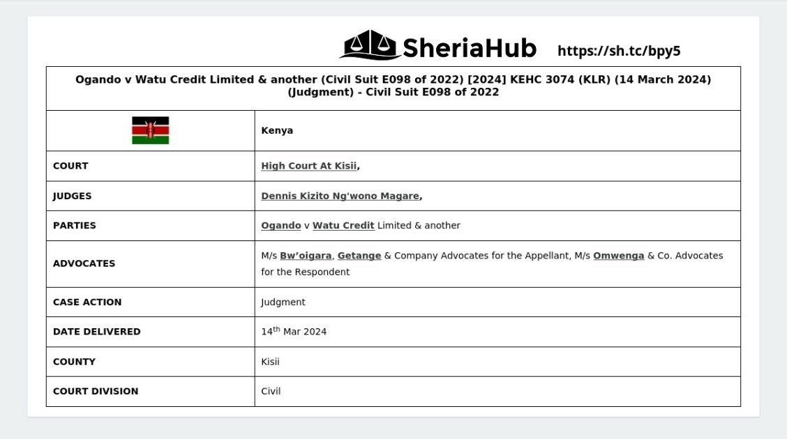 Ogando V Watu Credit Limited & Another (Civil Suit E098 Of 2022) [2024 ...