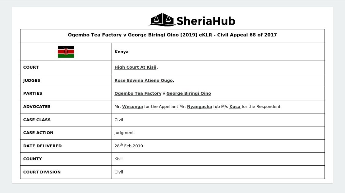 Ogembo Tea Factory V George Biringi Oino [2019] Eklr