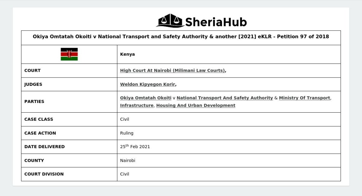 Okiya Omtatah Okoiti V National Transport And Safety Authority ...