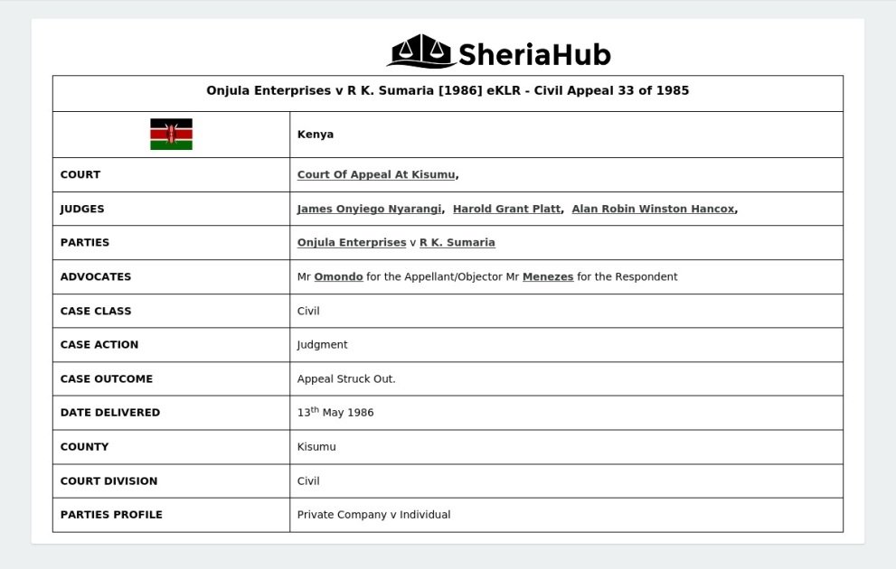 Onjula Enterprises V R K. Sumaria [1986] Eklr
